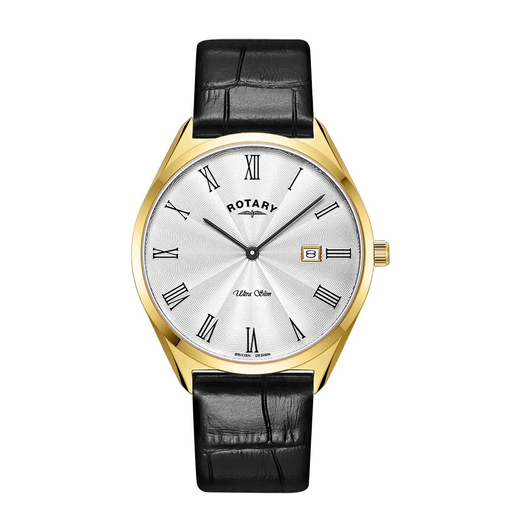 Rotary Gold Gents Ultra Slim Black Leather Strap Watch – Bensons of Ludlow